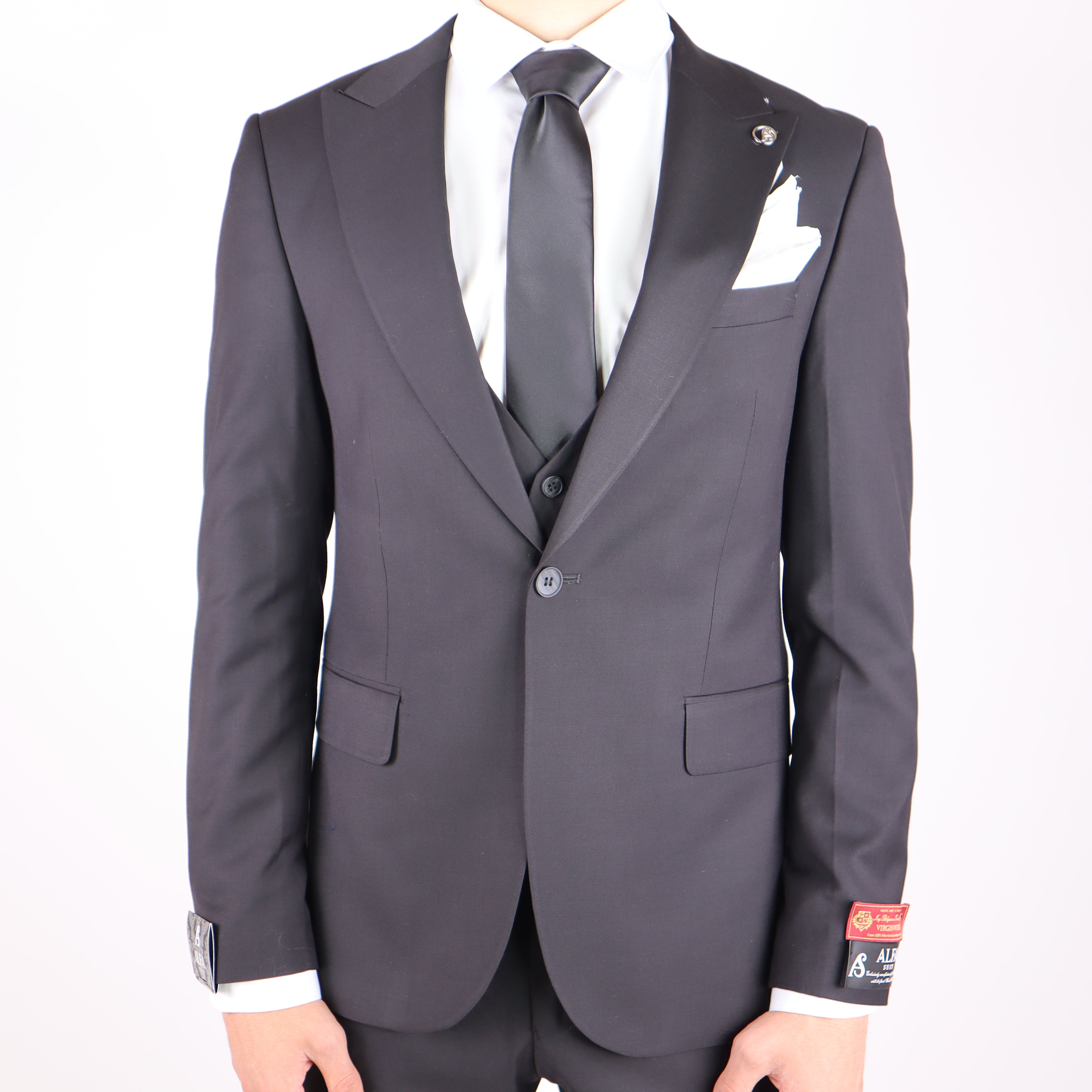 Black Avanti Milano Peak Lapel Low Cut Vest Three Piece Suit – Avanti ...